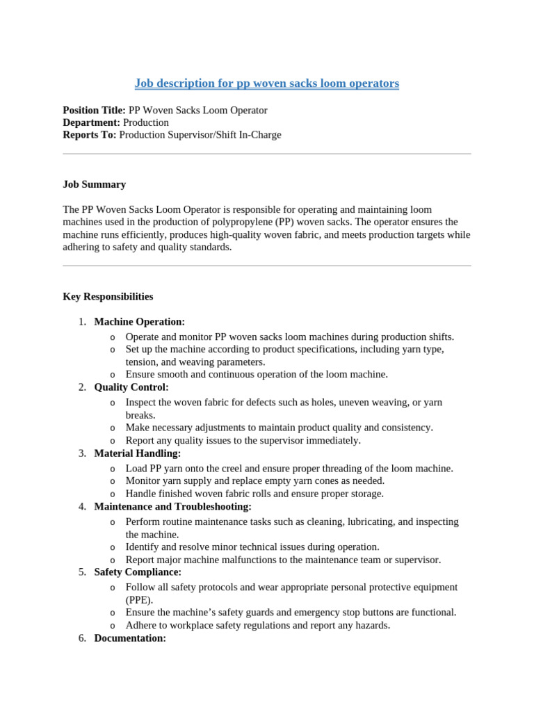 Job Description For PP Woven Sacks Loom Operators | PDF