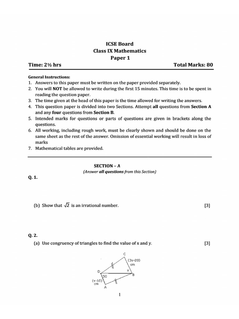 Maths 9 Icse Sample Paper 1 | PDF | Area | Elementary Geometry