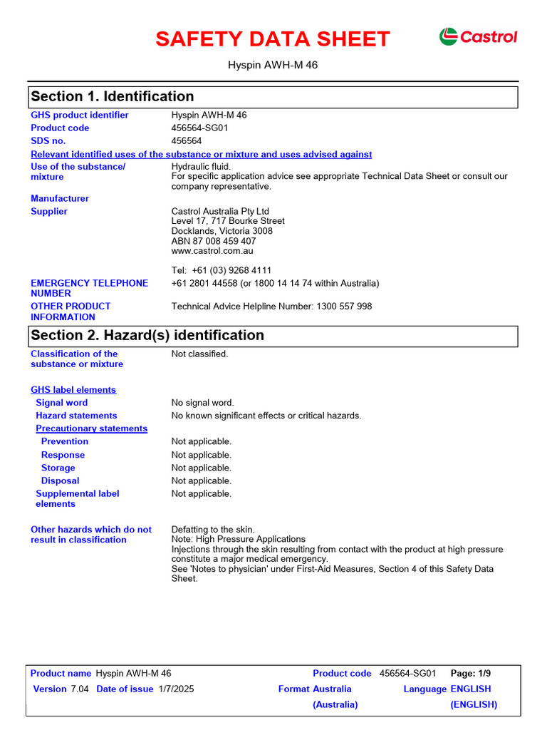 Hyspin AWH-M 46 Safety Data Sheet | PDF | Safety | Occupational Safety ...