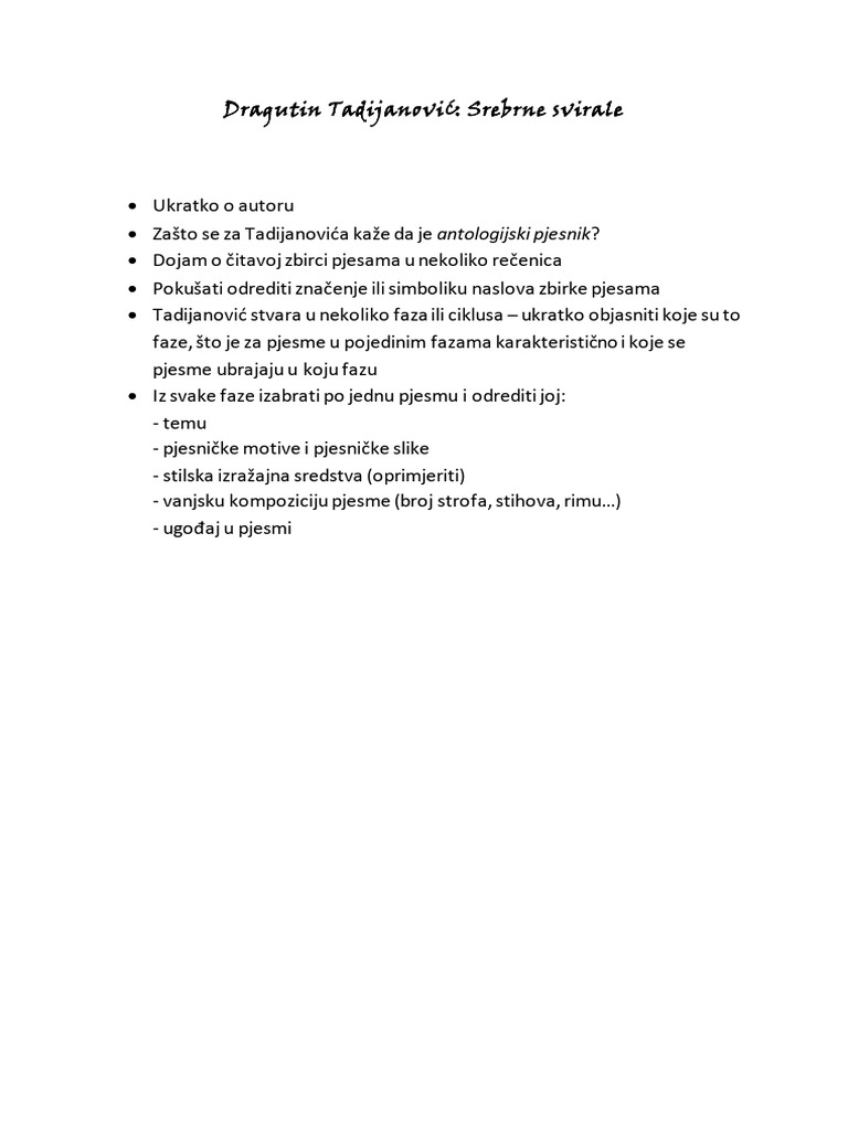 Dragutin Tadijanović - Srebrne Svirale - UPUTE ZA LEKTIRU (8.a) | PDF