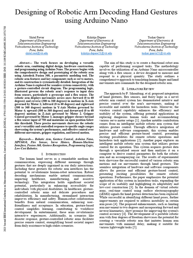 Designing of Robotic Arm Decoding Hand Gestures Using Arduino Nano | PDF | Robotics | Electric Motor