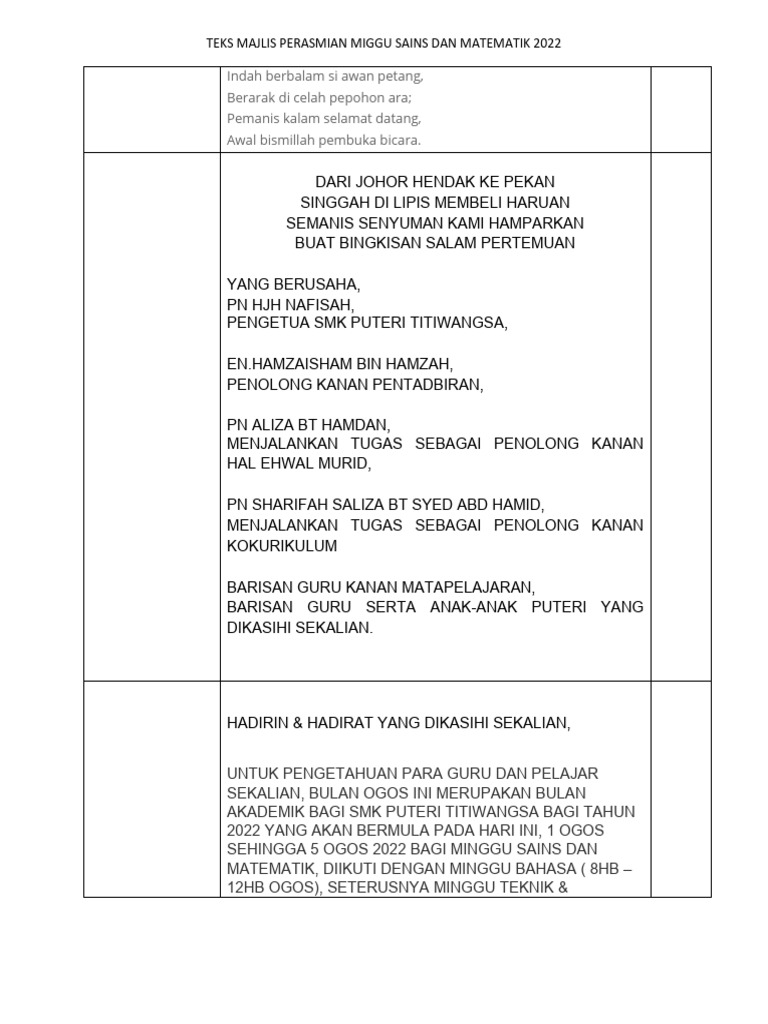 Skrip MC Minggu Sains Dan Matematik 2022 | PDF
