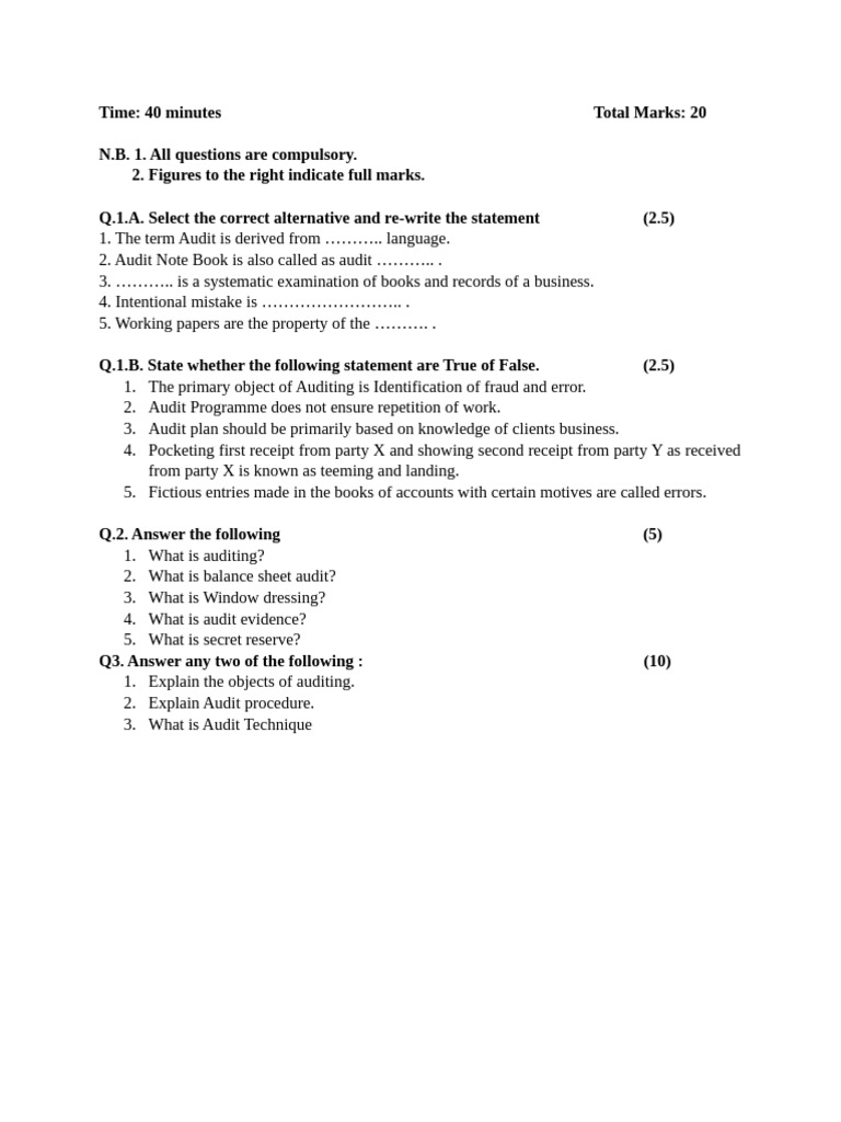 FYBAF SEM II AUDITING INTERNAL QP (SET 2) | PDF