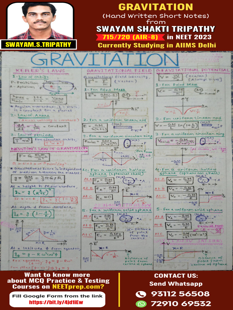 Gravitation - Swayam (AIR 8, NEET 2023) Short Notes | PDF