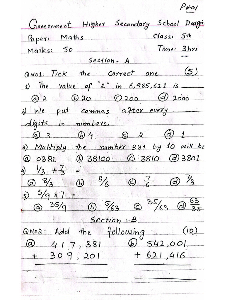 Gps Mandoori Dargai Paper Maths, Urdu and s.s-1 | PDF