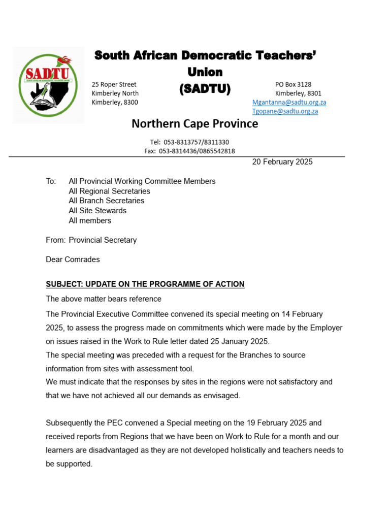 SADTU Programme of Action Update | PDF