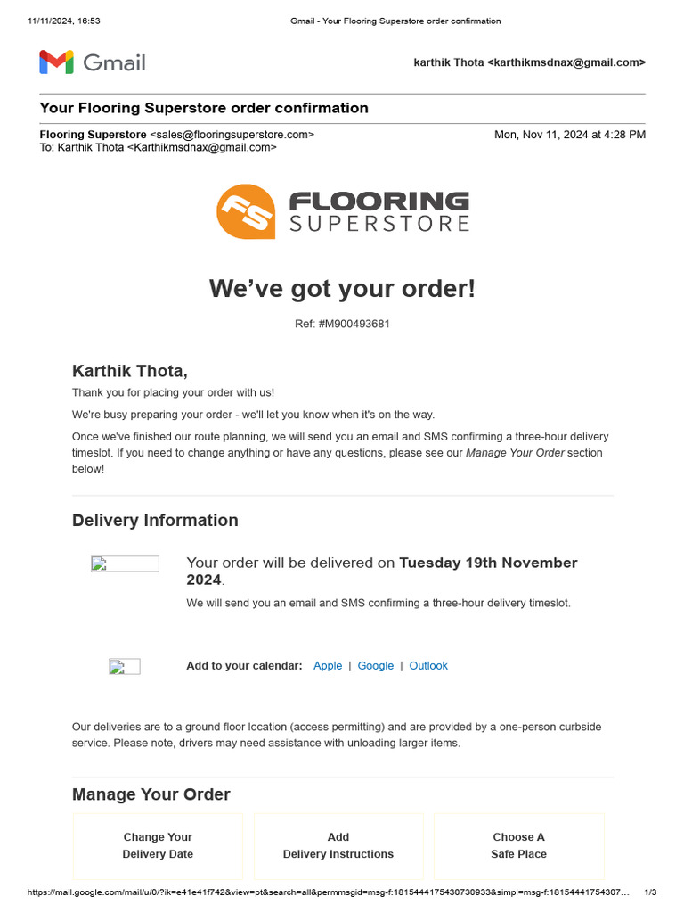 Gmail - Your Flooring Superstore order confirmation | PDF
