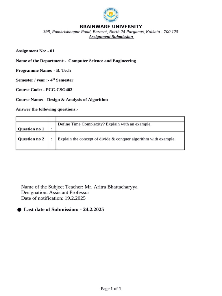 Assignment-1 PCC-CSG402 DAA | PDF