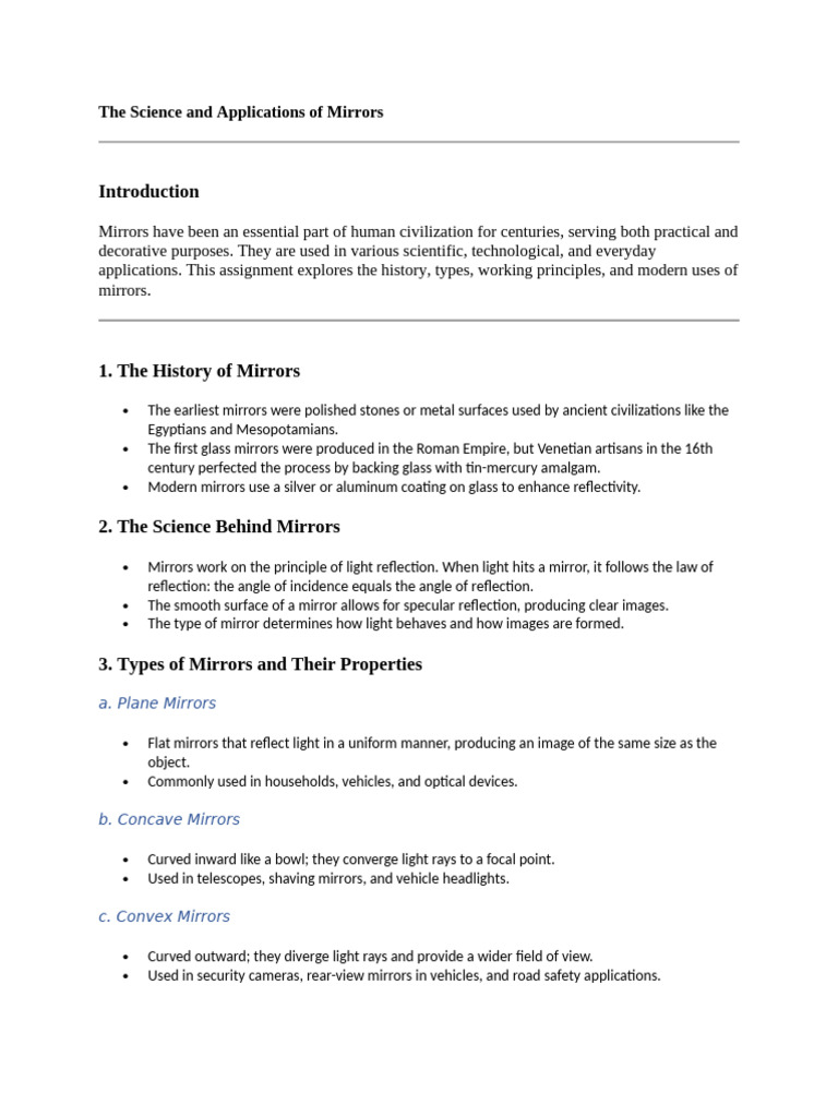 The Science and Applications of Mirrors | PDF | Mirror | Optics
