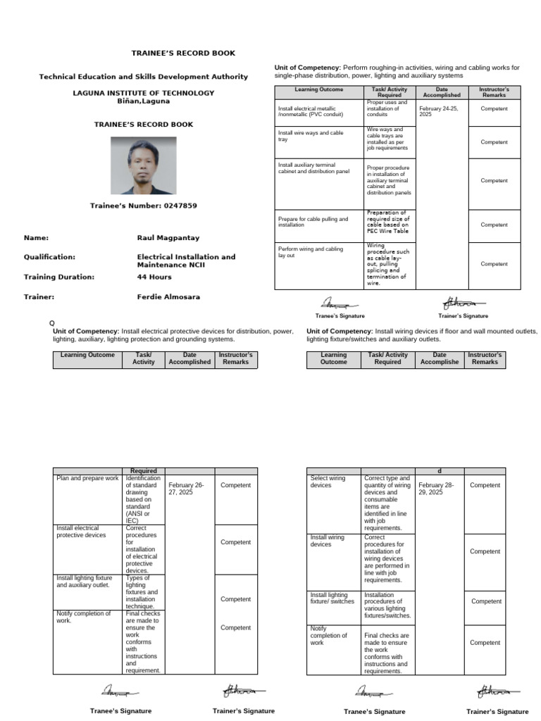 Trainee's Record Book-Ferds | PDF | Electrical Wiring | Building Engineering
