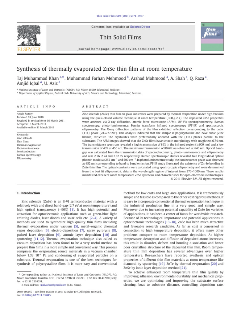 Evaporated ZnSe Thin Film | PDF | Refractive Index | Thin Film