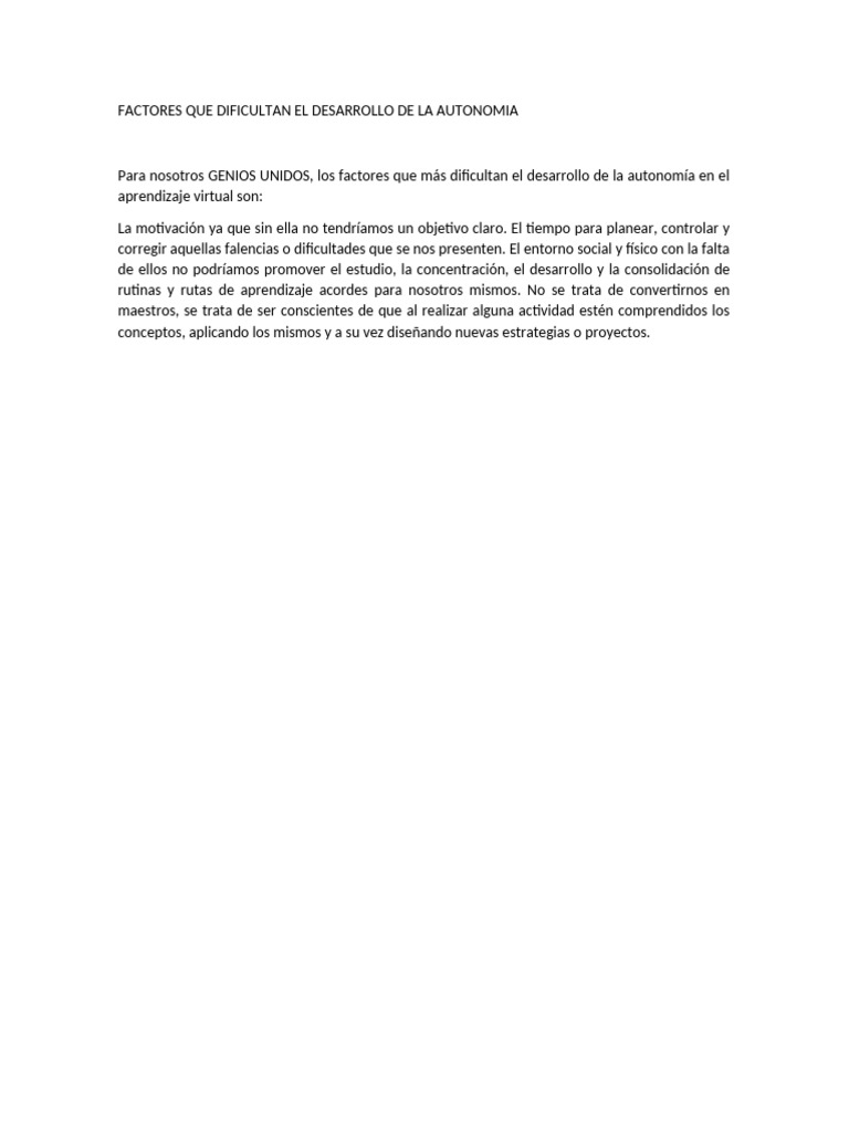 Factores Que Dificultan El Desarrollo de La Autonomia | PDF
