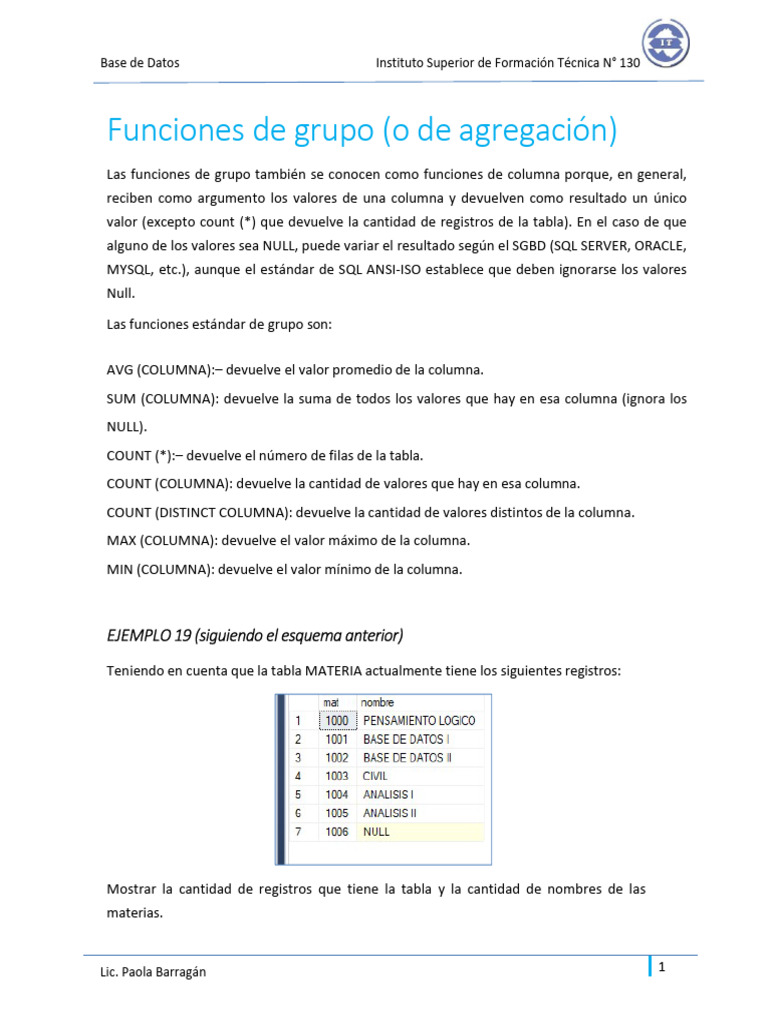 03_-_SQL_Funciones_grupo(2) | PDF | SQL | Bases de datos