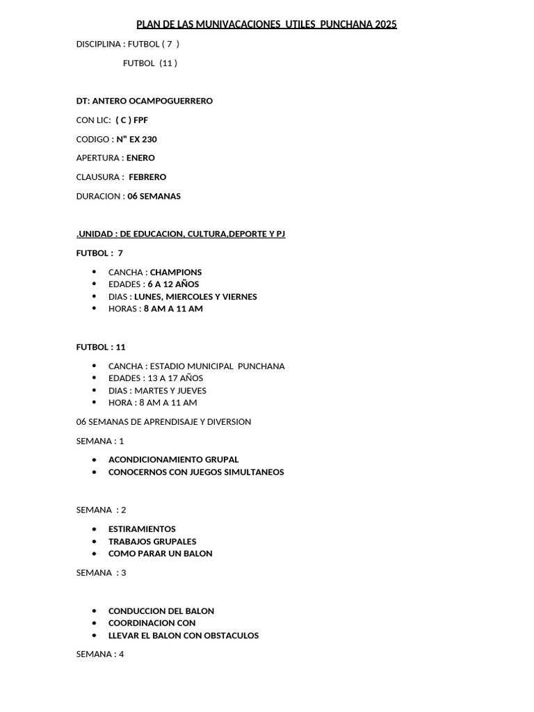 Plan de Las Munivacaciones Utiles Punchana 2025 | PDF