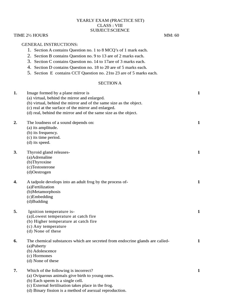 Class VIII Science Yearly Exam Practice | PDF | Sound | Noise