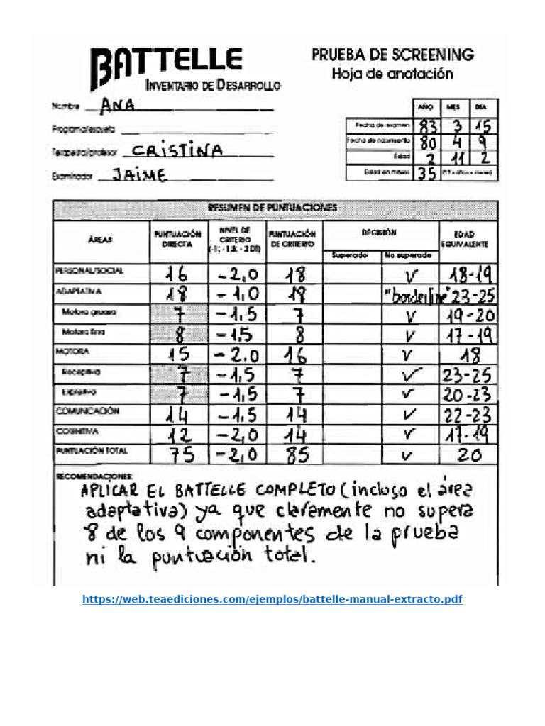 Battelle Prueba Screening Baremos 2 | PDF