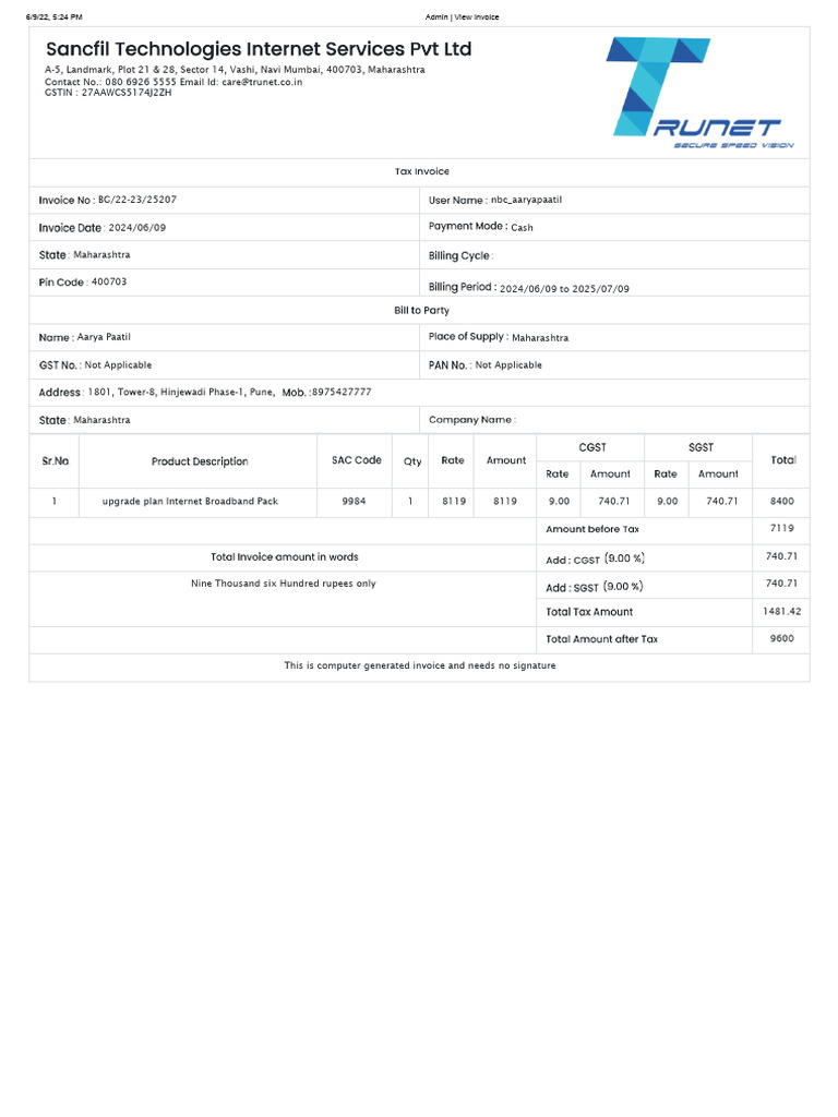 TruNet Internet Bill Aarya Paatil | PDF