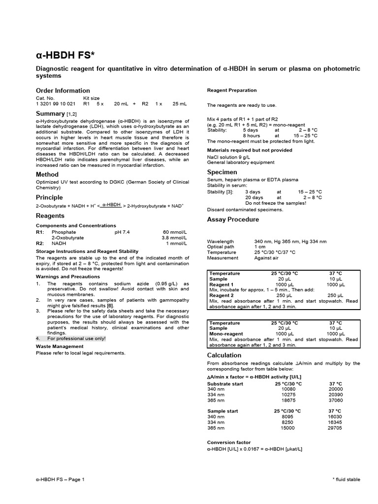 Pi - Bx-3010 Reagents A-Hbdh Fs - V13 | PDF | Lactate Dehydrogenase
