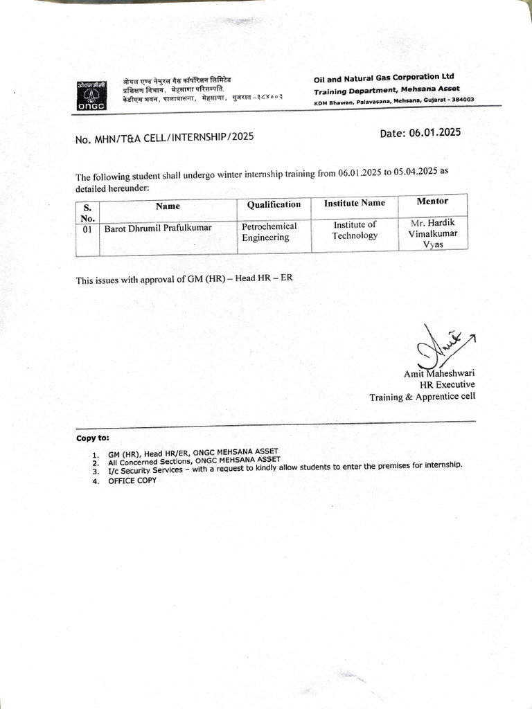 ONGC Internship Confirm Letter | PDF