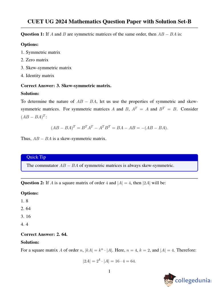 MATH 2024 B Solu | PDF | Determinant | Matrix (Mathematics)