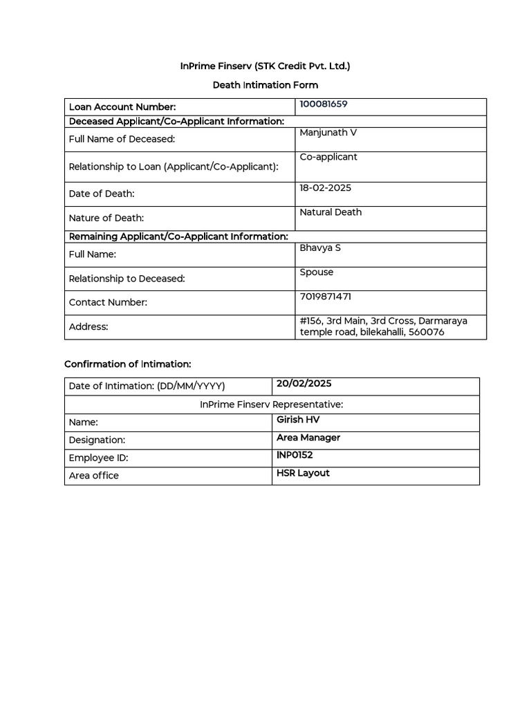 Manjunath Death Intimation Letter | PDF