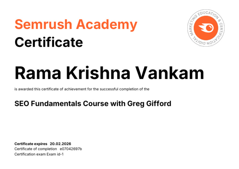 SEO Fundamentals - SEMRush Academy - Rama Krishna Vankam | PDF
