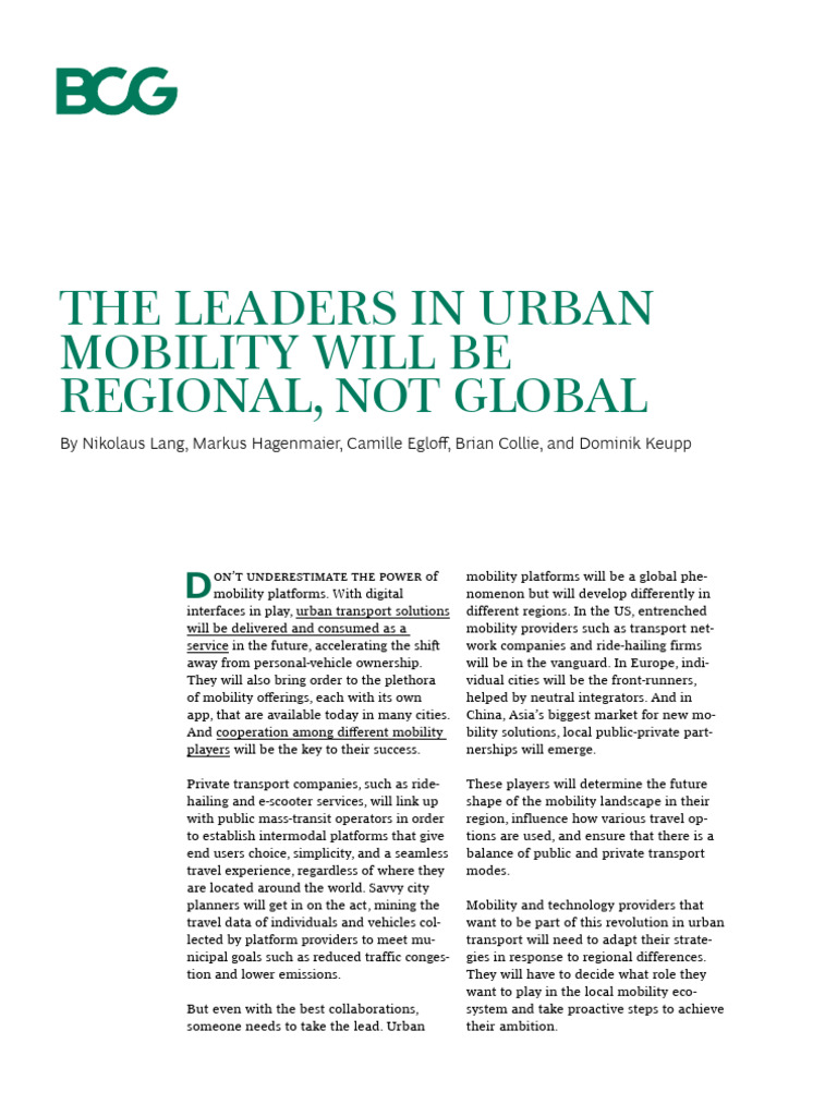 BCG The Leaders in Urban Mobility Will Be Regional Not Global Oct 2019 ...