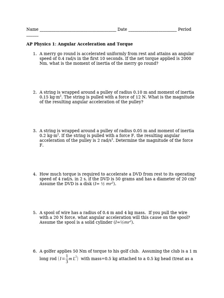 Torque and Angular Acceleration HW | PDF | Rotation Around A Fixed Axis ...
