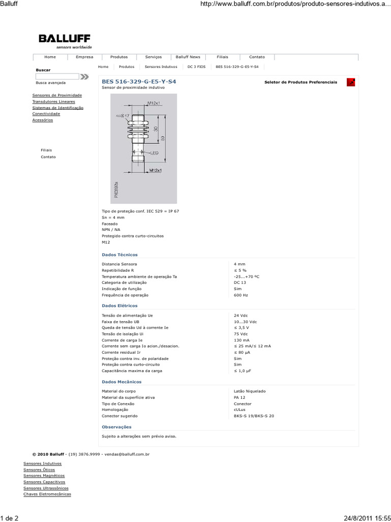 Sensor Indutivo BES 516-329-G-E5-Y-S4 | PDF | Conector elétrico ...