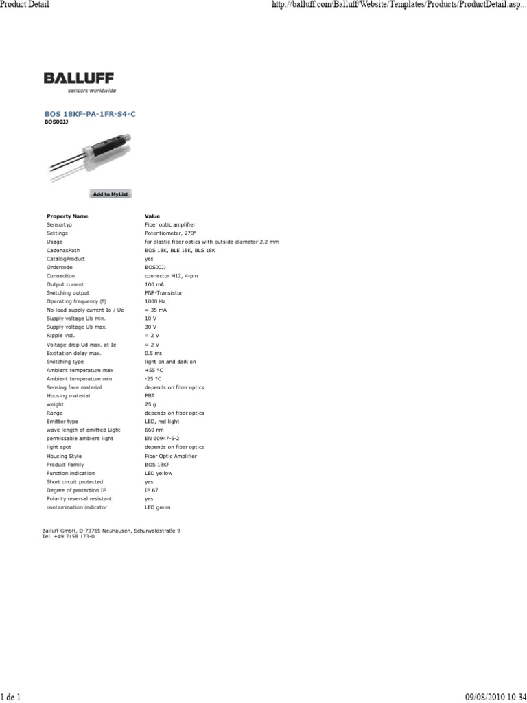 Balluff - BOS 18KF-PA-1FR-S4-C | PDF | Optical Fiber | Amplifier