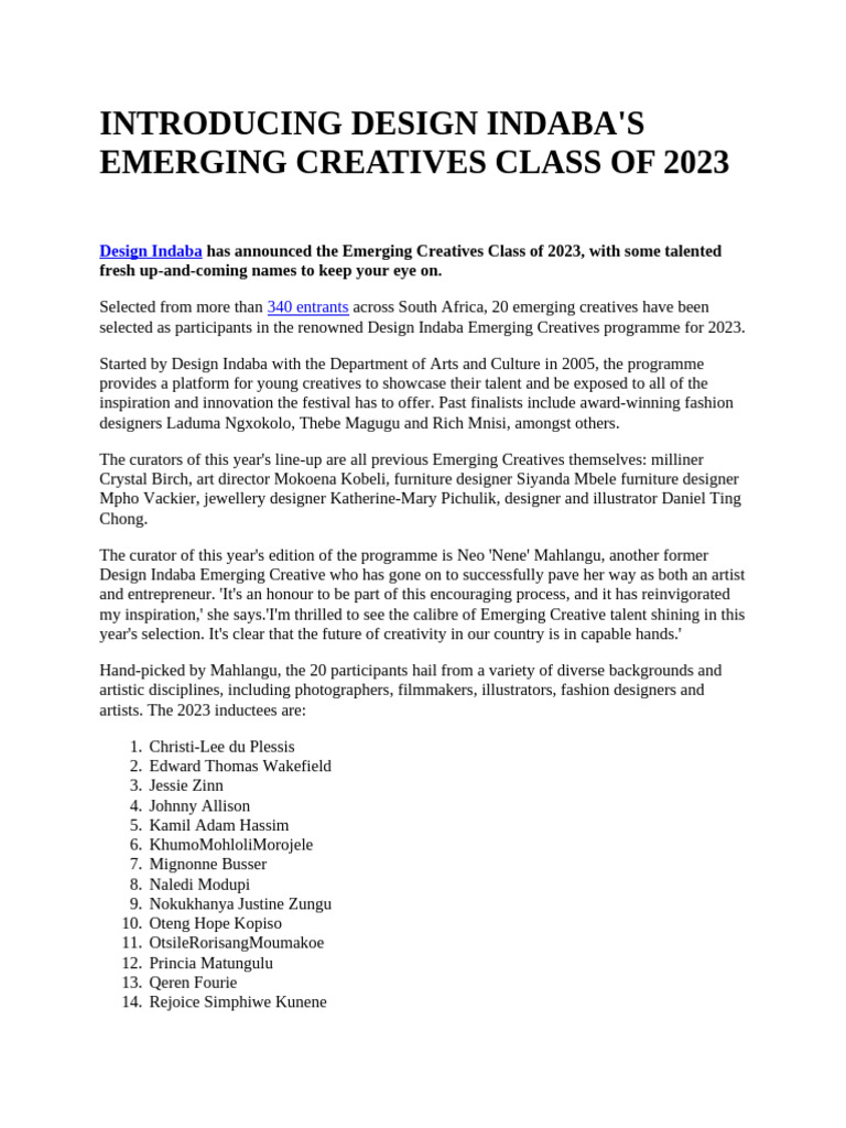 Design Indaba Emerging Creatives 2023 | PDF