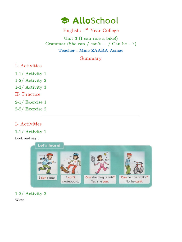 Unit 3 Grammar She Can Can T Can He 2 | PDF