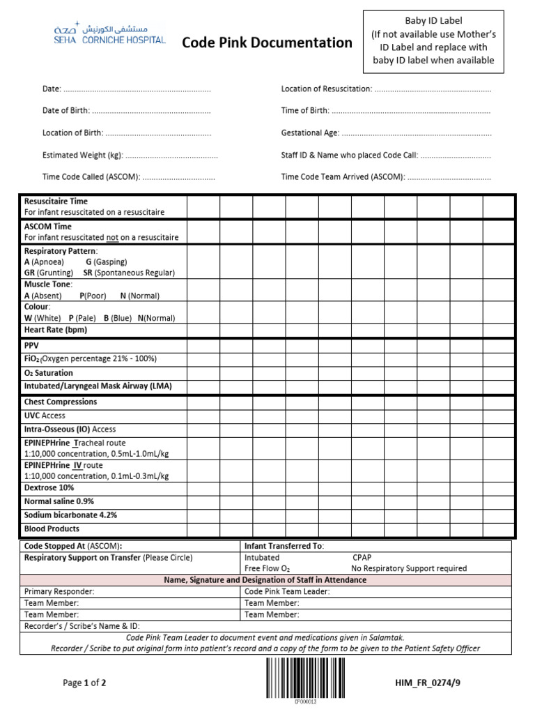 Code Pink Documentation Guidelines | PDF | Cardiopulmonary Resuscitation | Medicine