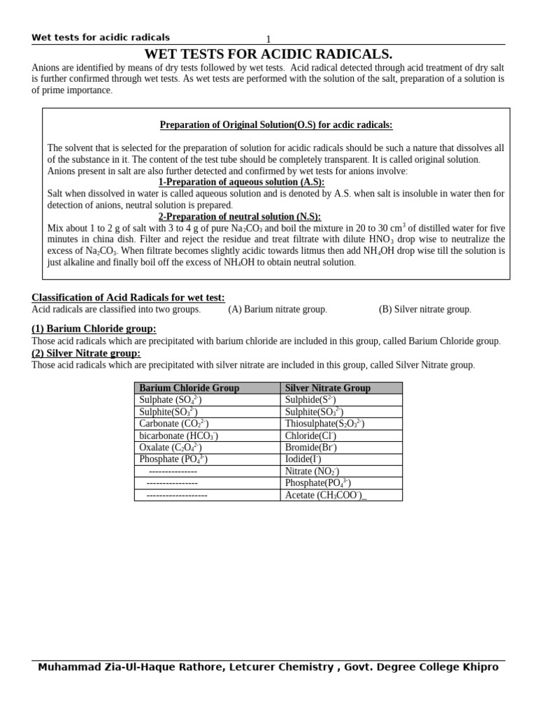 Wet Tests for Acidic Radicals Analysis | PDF | Acid | Salt (Chemistry)