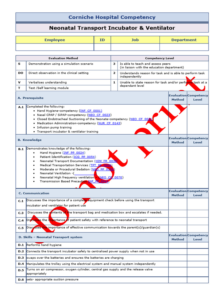 Neonatal Transport Incubator and Ventilator Competency Guidelines | PDF ...