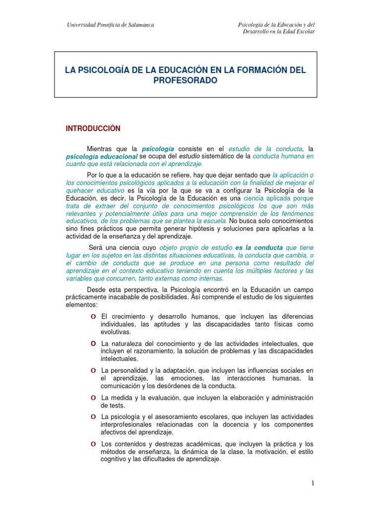 La Psicolog A de La Educaci N en La Formaci N Del Profesorad | PDF | Aprendizaje | Sicología