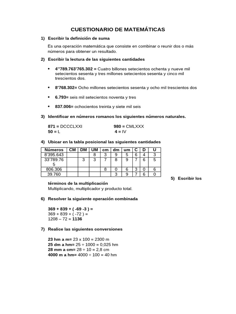 Cuestionario de Matemáticas | PDF | Multiplicación | Números