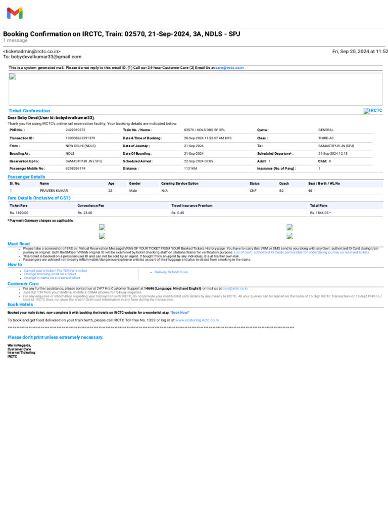 Gmail - Booking Confirmation On IRCTC, Train - 02570, 21-Sep-2024, 3A ...