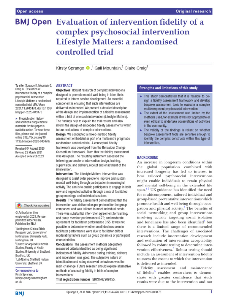 Evaluation of Intervention Fidelity of A Complex Psychosocial | PDF ...
