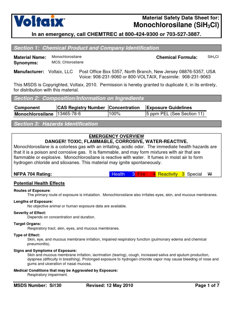 Monochlorosilane (Sih CL) : Material Safety Data Sheet For | PDF