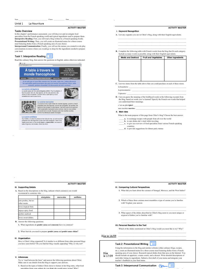 Jovan Jackson - Attachment: PDF: IPA Unite 1 La Nourriture Printable | PDF | Menu | Foods