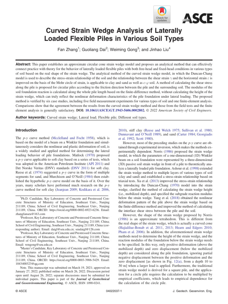 Liu Et Al 2022 Curved Strain Wedge Analysis of Laterally Loaded Flexible Piles in Various Soil ...