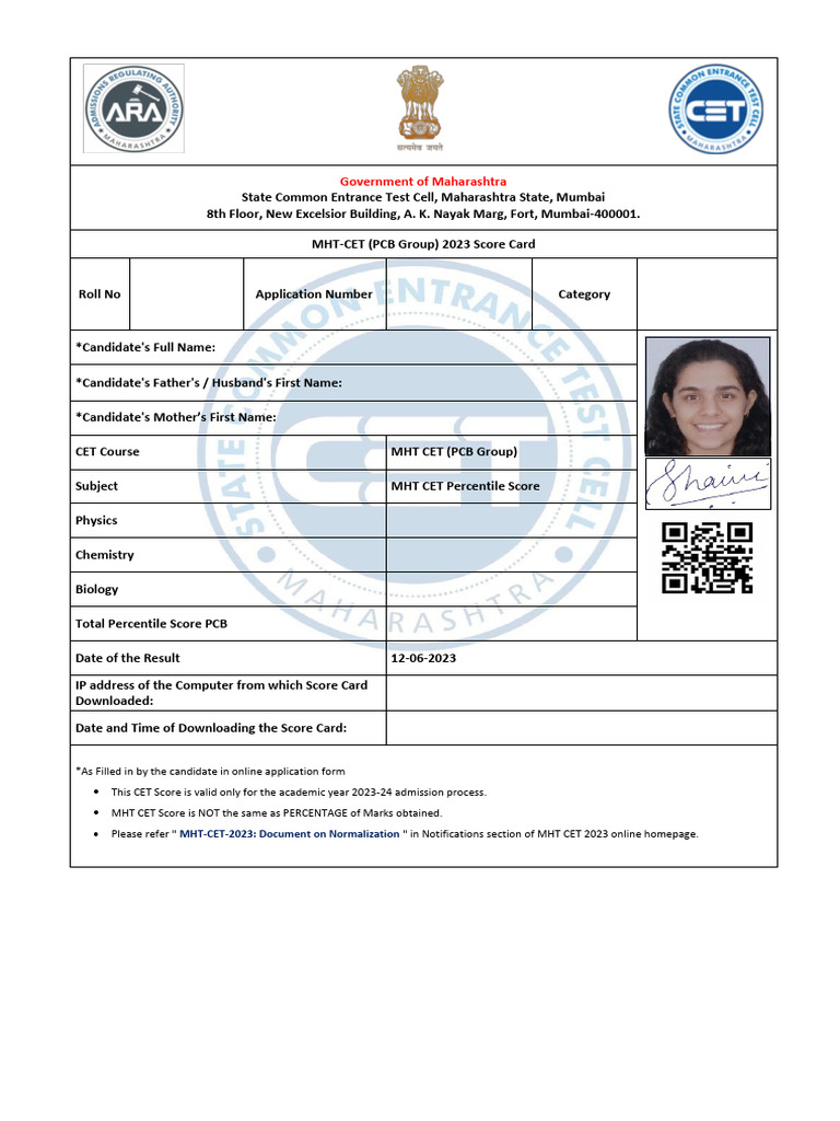MHT CET 2023 PCB Score Card Details | PDF