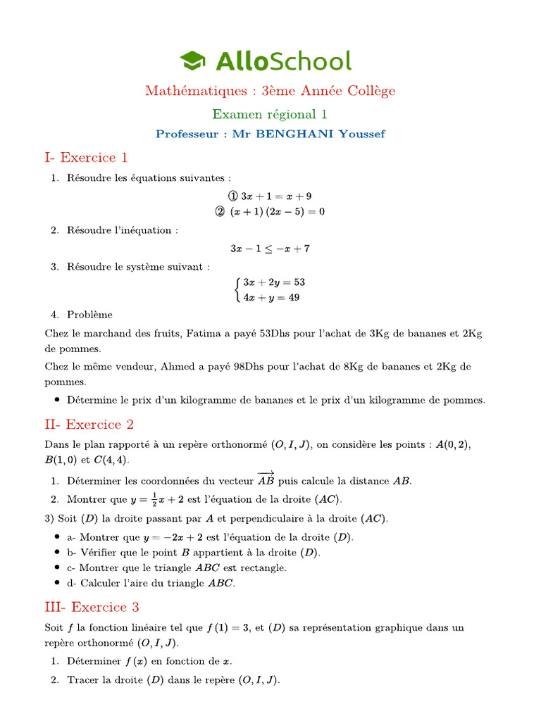 Maths 3ac Examen Regional 1 1 | PDF