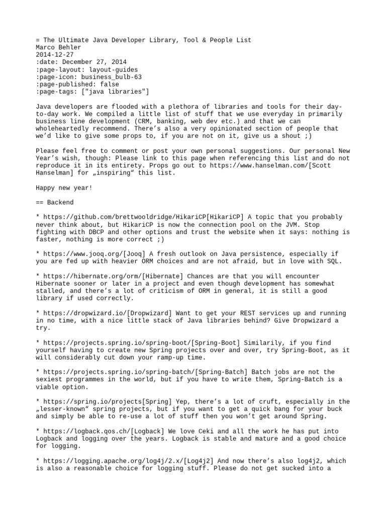 Ultimate Java Developer Library List - Adoc | PDF | Java (Programming Language) | Json