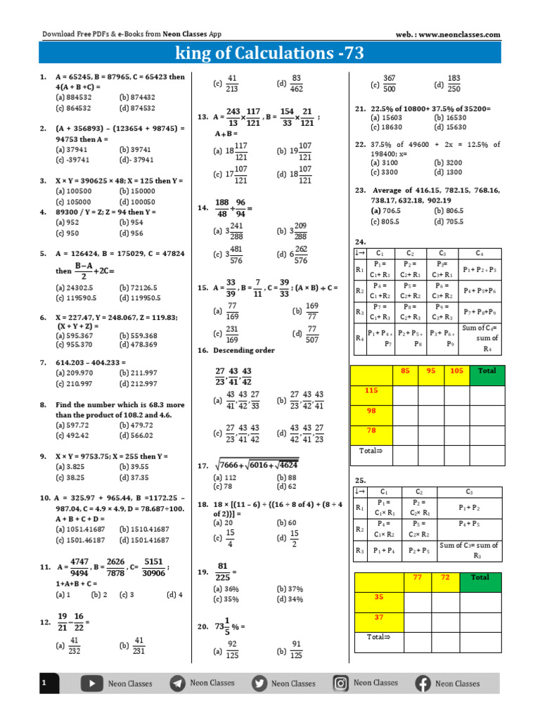 King of Calculations Sheet 73 | PDF