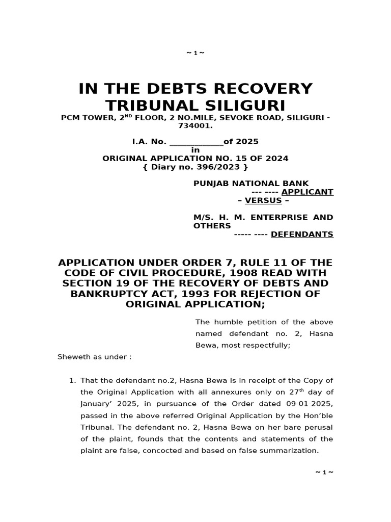 Application Under Order 7 Rule 11 Of The Code Of Civil Procedure 1908 Read With Section 19 Of