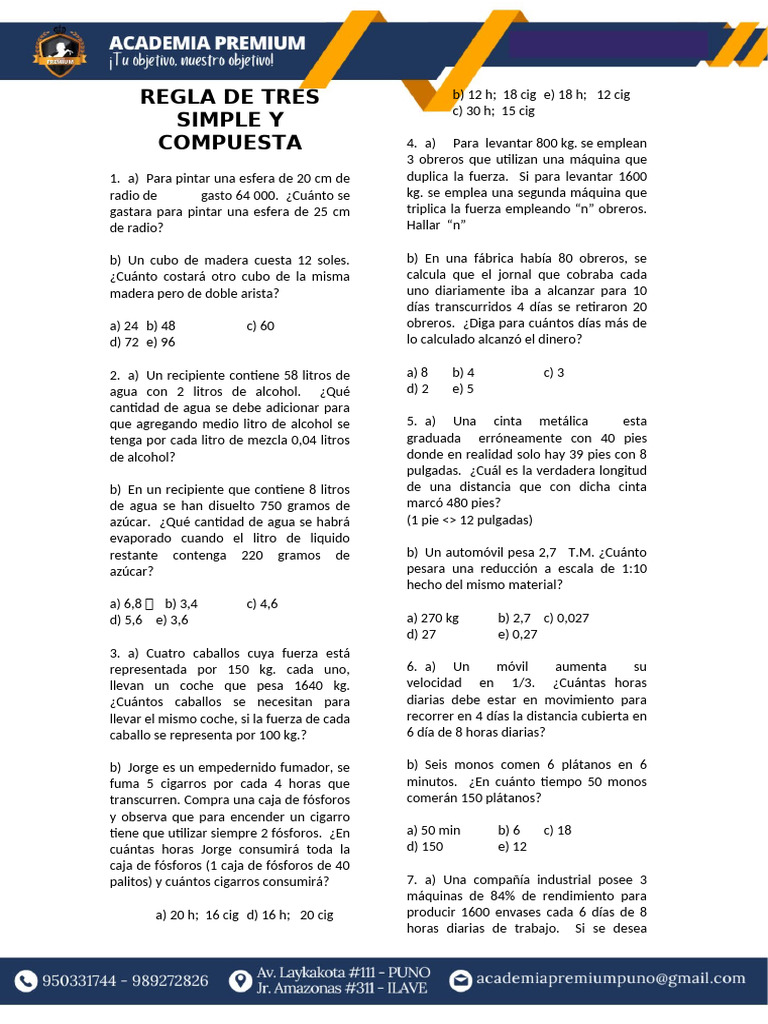 Regla de Tres Simple y Compuesta Preu Premiun Puno | PDF