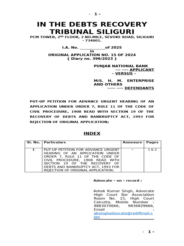 Put Up Petition - Application Under Order 7, Rule 11 of the Code of ...