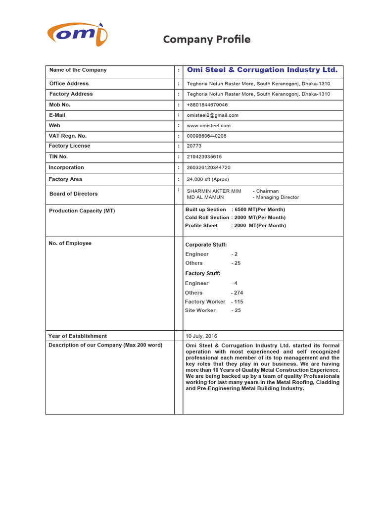 Omi Steel Company Profile Overview | PDF | Secondary Sector Of The Economy